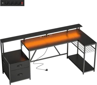 HOMCOM rohový herní stůl s přední hub zásuvkou, LED osvětlením a držákem monitoru, ze dřeva a oceli, 192,5x80x86,5 cm, černá