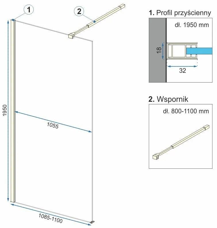 Rea Aero Ombre, sprchová zástěna Walk-In 110x195 cm, 8mm čiré sklo s bílým vzorem, zlatý matný profil, REA-K2465