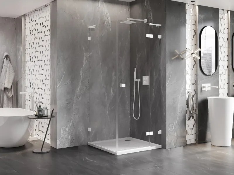 Mexen Lunar, L pravý výklopný sprchový kout 90 x 90 cm, 8mm čiré sklo, bílý profil, 834L-090-090-20-00-P