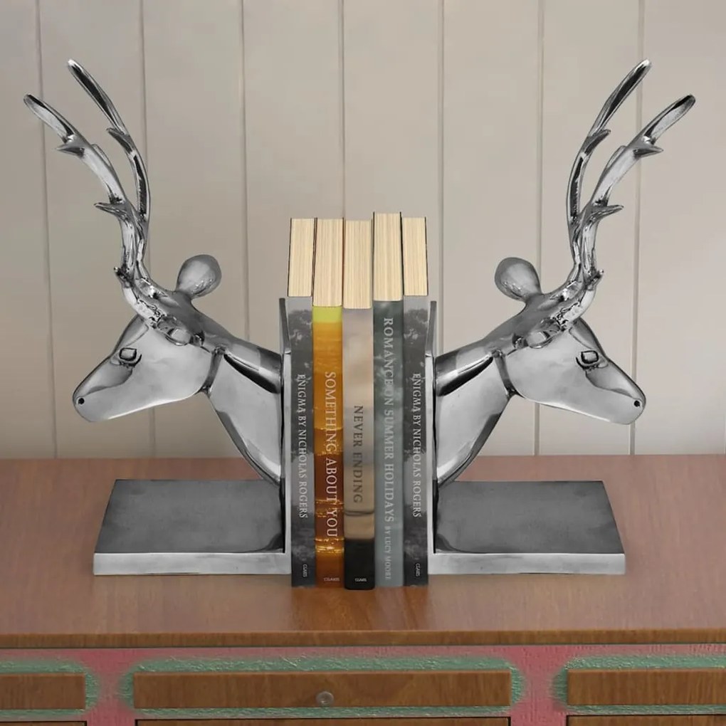 243478 vidaXL Zarážky na knihy ve tvaru jelena 2 ks hliník stříbrná