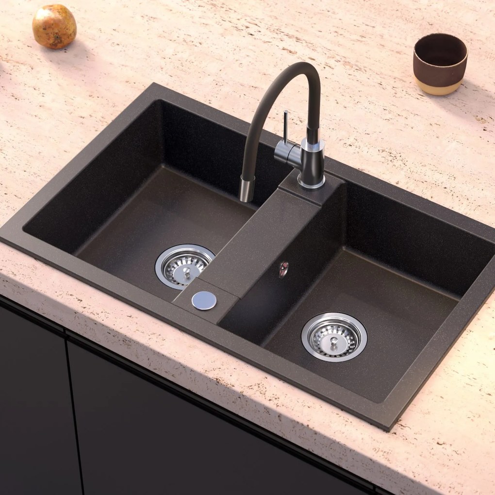 Černý dvoukomorový kuchyňský granitový dřez QUADRON DENZEL 120 bez baterie