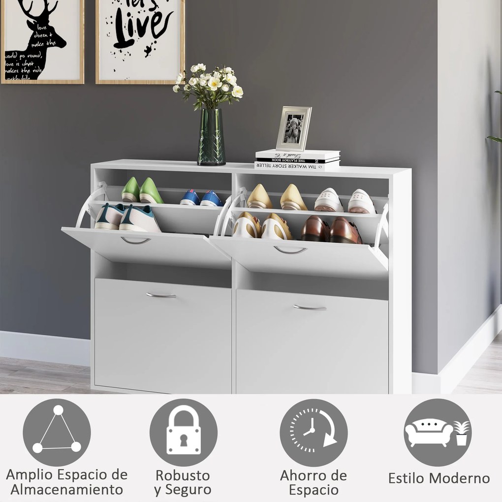 HOMCOM Bílý botník Moderní organizér na boty se 4 výklopnými šuplíky a nastavitelnými policemi pro 16-24 párů bot do předsíně 120x24x81 cm