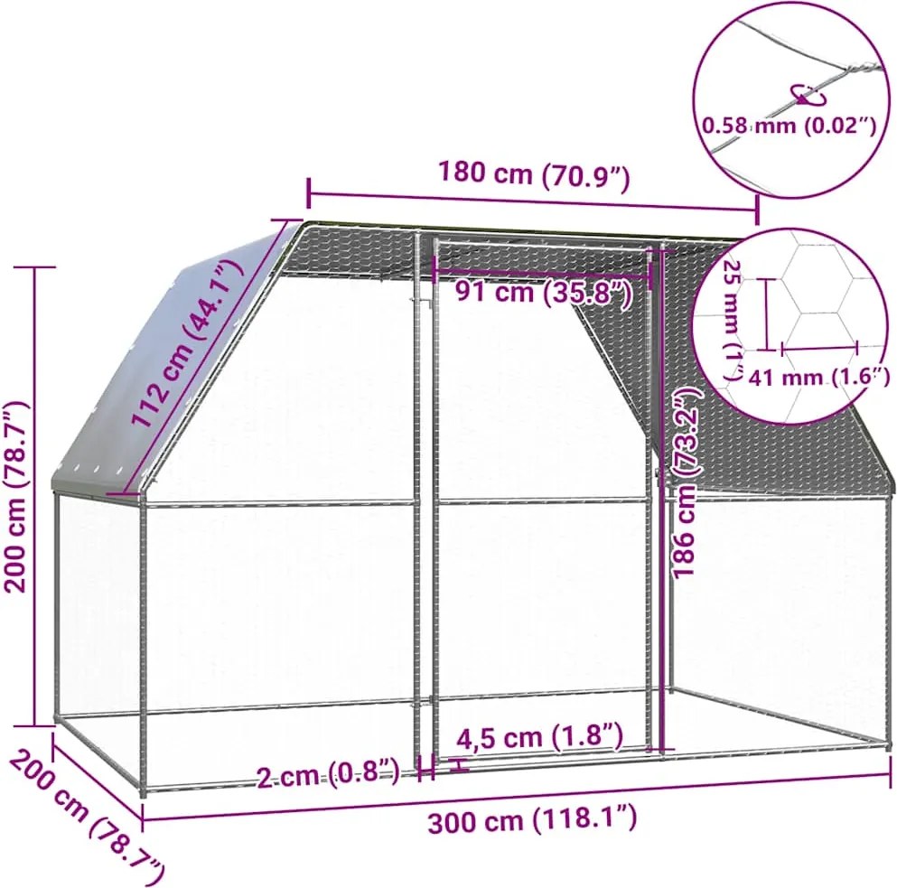 Klec pro kuřata stříbrná a šedá 3 x 2 x 2 m pozinkovaná ocel 155889