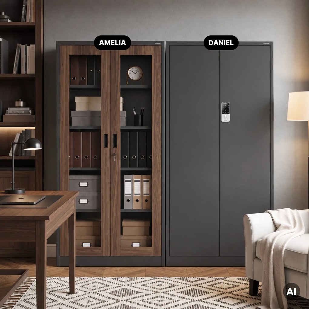 Kovová skříň s vitrínou antracitová, ořech, 900x1850x400 mm: AMELIA Eco Design