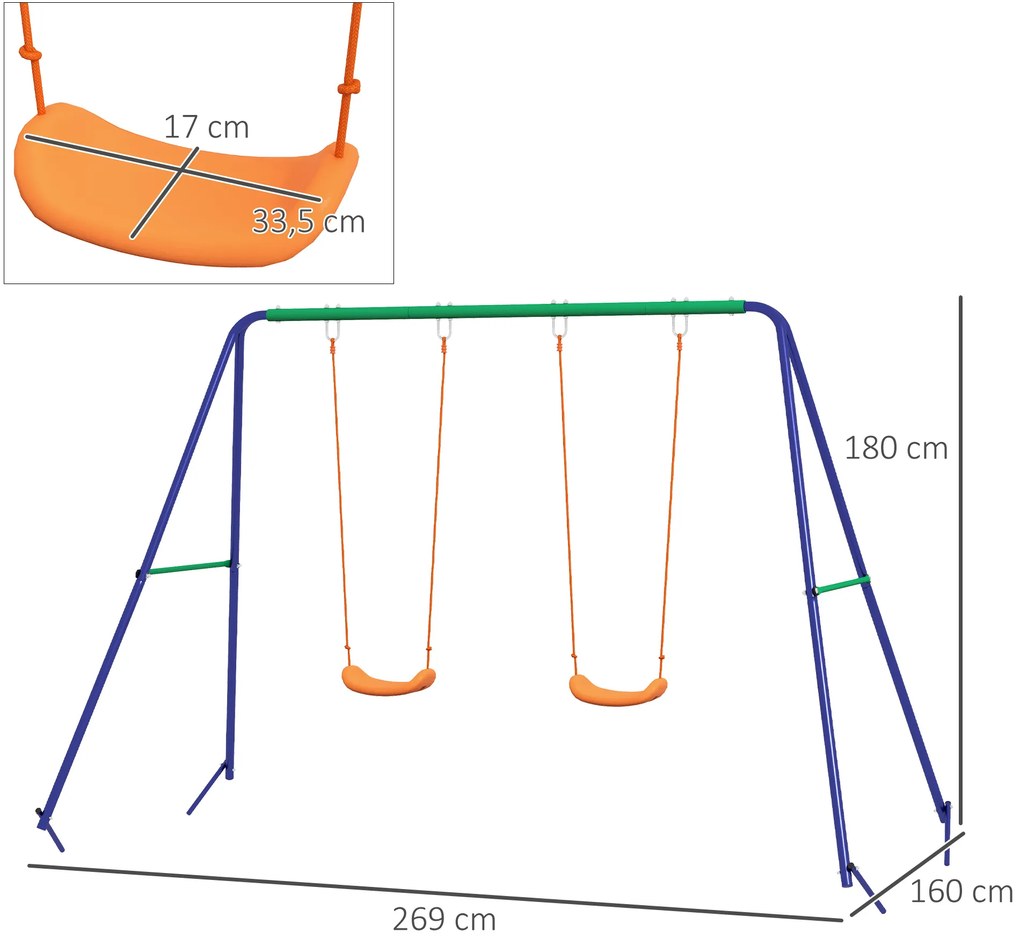 Dětská houpačka Outsunny s rámem, dvoumístná houpačka, houpací rám, zahradní houpačka z oceli, bezpečná, stabilní | Aosom.de