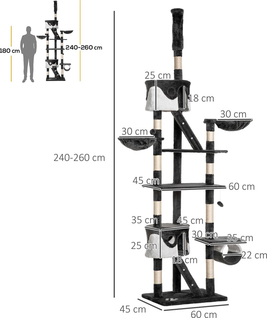 PawHut Stropní Škrabadlo pro Kočky s Nastavitelnou Výškou 240-260 cm, Víceúrovňový Kočičí Stromeček se Sheltry, Hammocky, Schody a Sisalovými Lany, T…