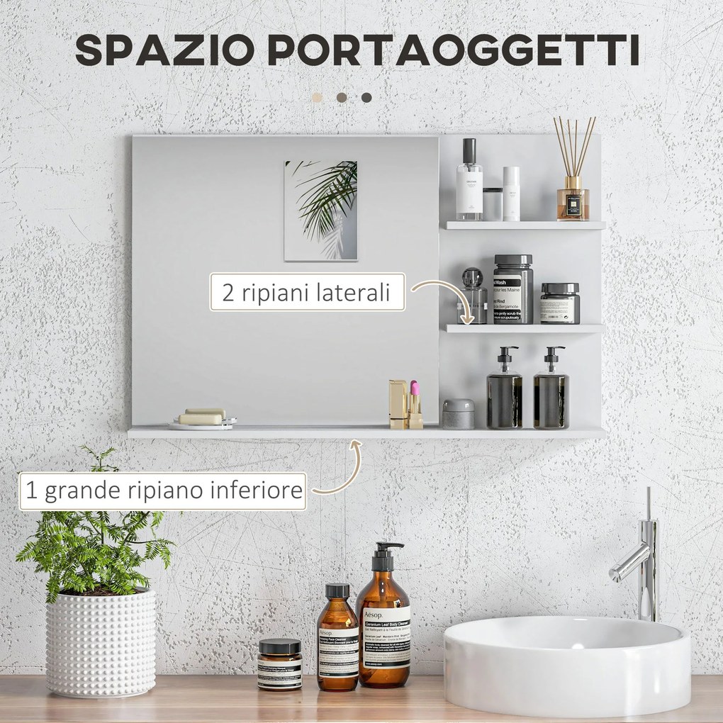 Kleankin Moderní Zrcadlo do Koupelny s 2 Bočními Policemi a Spodní Policí, Nástěnné Zrcadlo z MDF a Skla, 75x10x48 cm, Bílá