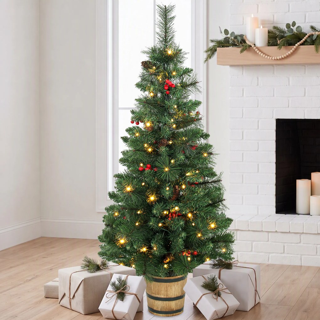 HOMCOM Umělý vánoční stromek, 120 cm Jedle s 100 LED osvětlením 131 špiček Bobule, 2 barvy světla, Dálkové ovládání