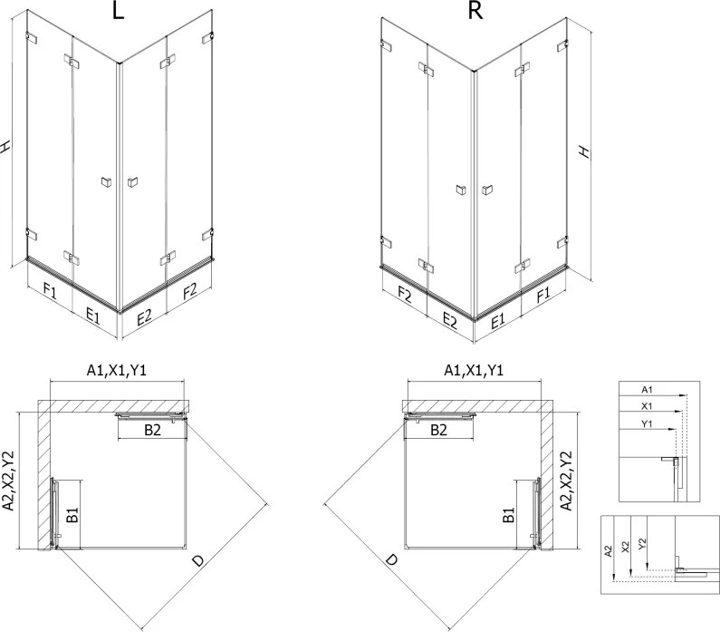 Mexen Lunar-F Duo, skládací sprchový kout 80 x 80 cm, 8mm čiré sklo, černý profil, 836-080L-080P-70-00