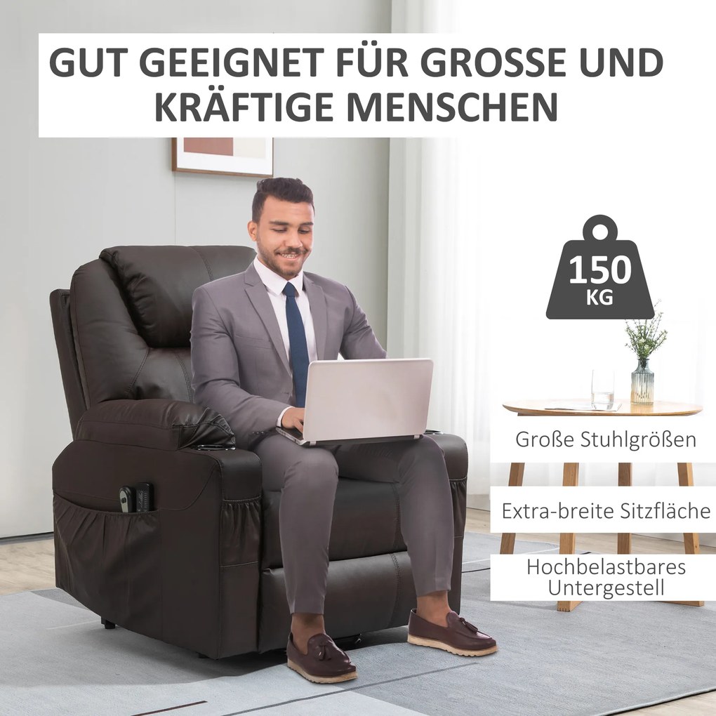 HOMCOM TV křeslo se stojánkem 8 masážních bodů časovač dálkové ovládání boční kapsa pěna 88x99x106 cm Hnědá pro relaxaci a pohodlí | Aosom.de