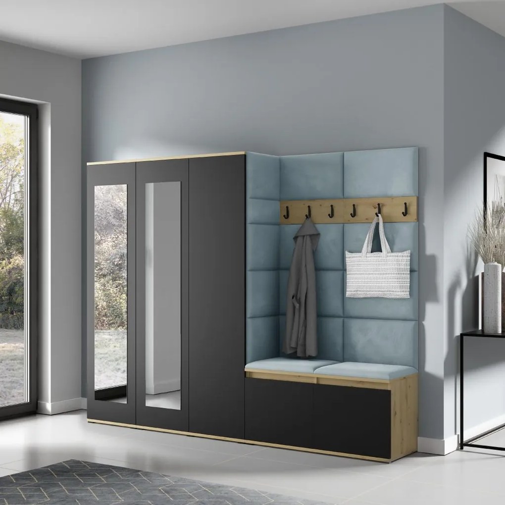 Eka Předsíňová stěna s čalouněnými panely Trinity 15 - Dub Artisan s černou / Světlá modrá 2322