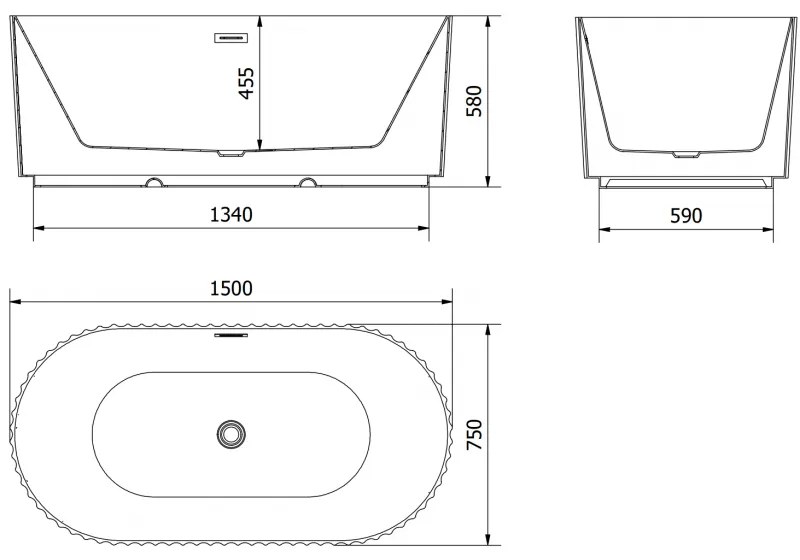 Mexen Paola, volně stojící vana, drážkovaná, 150 x 75 cm, černá matná, zlatý lesklý přepad, 52721507571-50