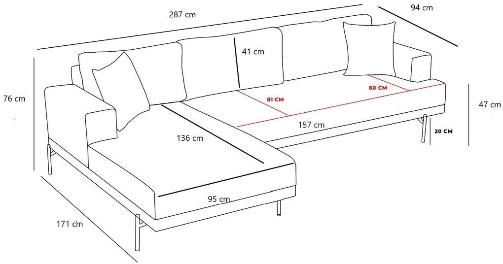 Hanah Home Rohová pohovka LIVA tmavě šedá levá 287 cm 825BLC2813