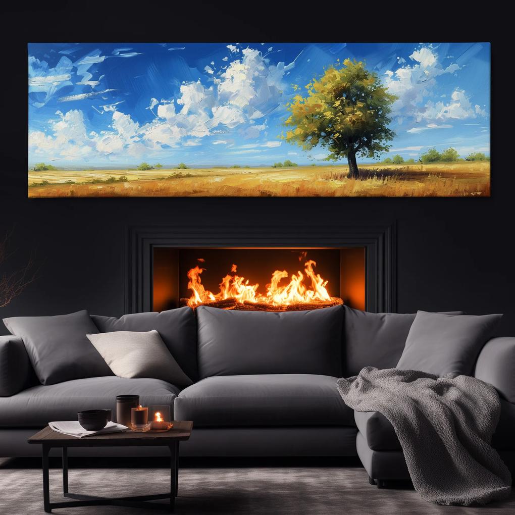 Obraz na plátně - Osamělý strom a plující huňaté mraky FeelHappy.cz Velikost obrazu: 210 x 70 cm