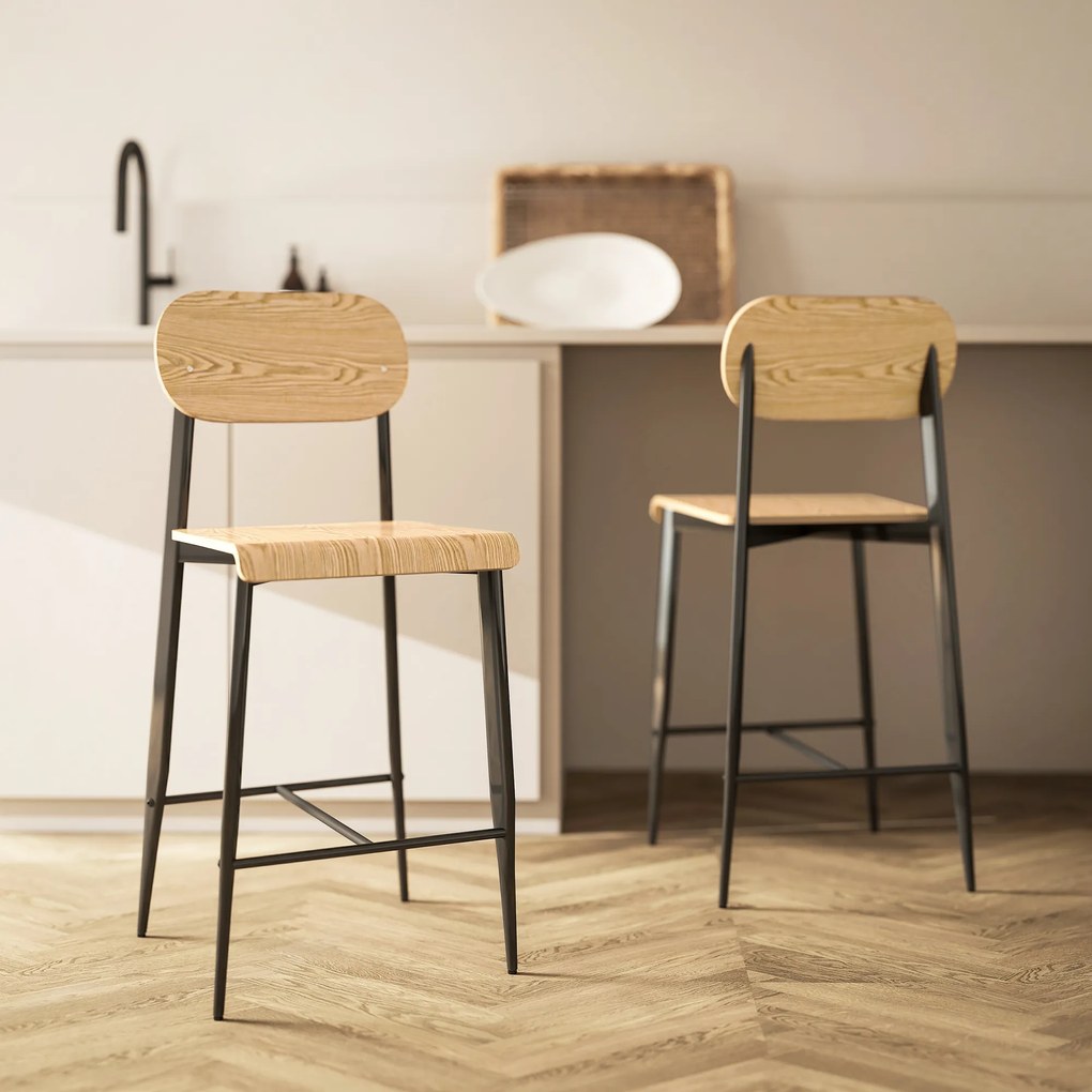 HOMCOM Sada 2 Barových Židlí, Barová Židle s Opěrným Nohama, Kovový Rám, Kuchyňská Židle s Výškou Sedáku 66 cm, Snadná Montáž, Průmyslový Design Přír…
