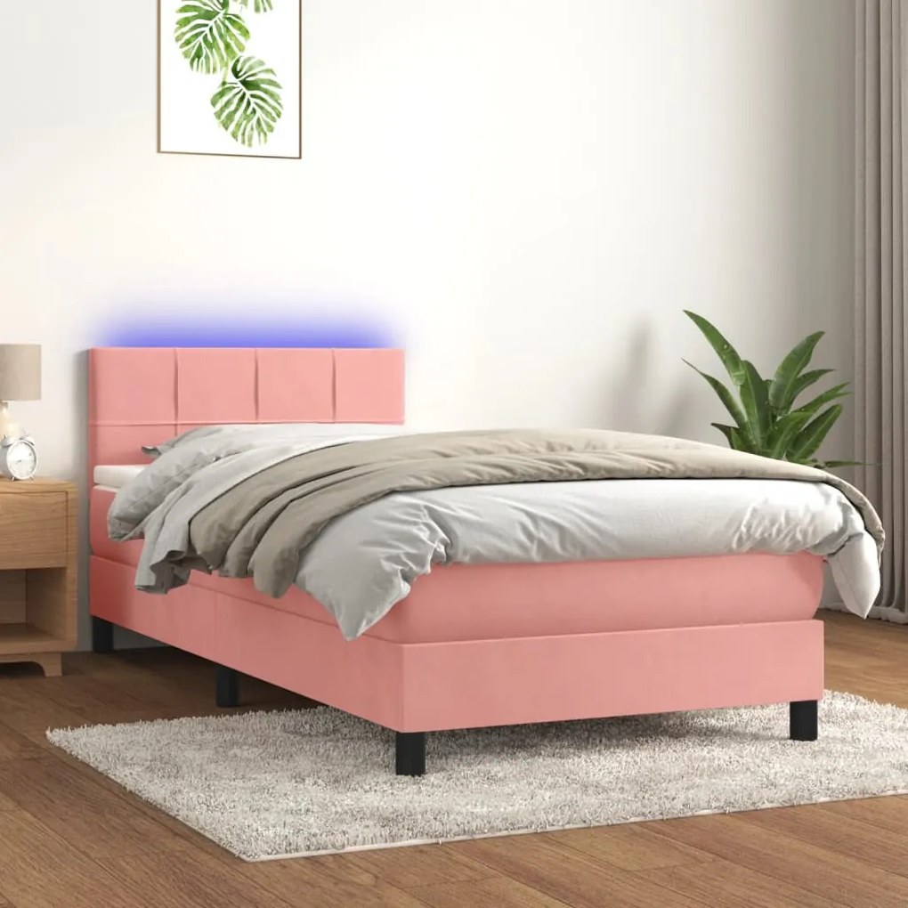 Box spring postel s matrací a LED růžová 90x200 cm samet,  3134386