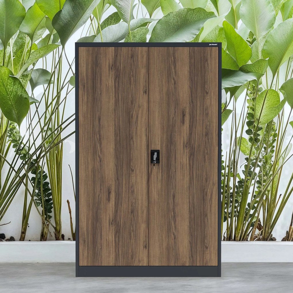 Kovová kancelářská skříň na dokumenty široká bílá antracit/ořech, 1150x1850x400 mm: JAN II Eco Design
