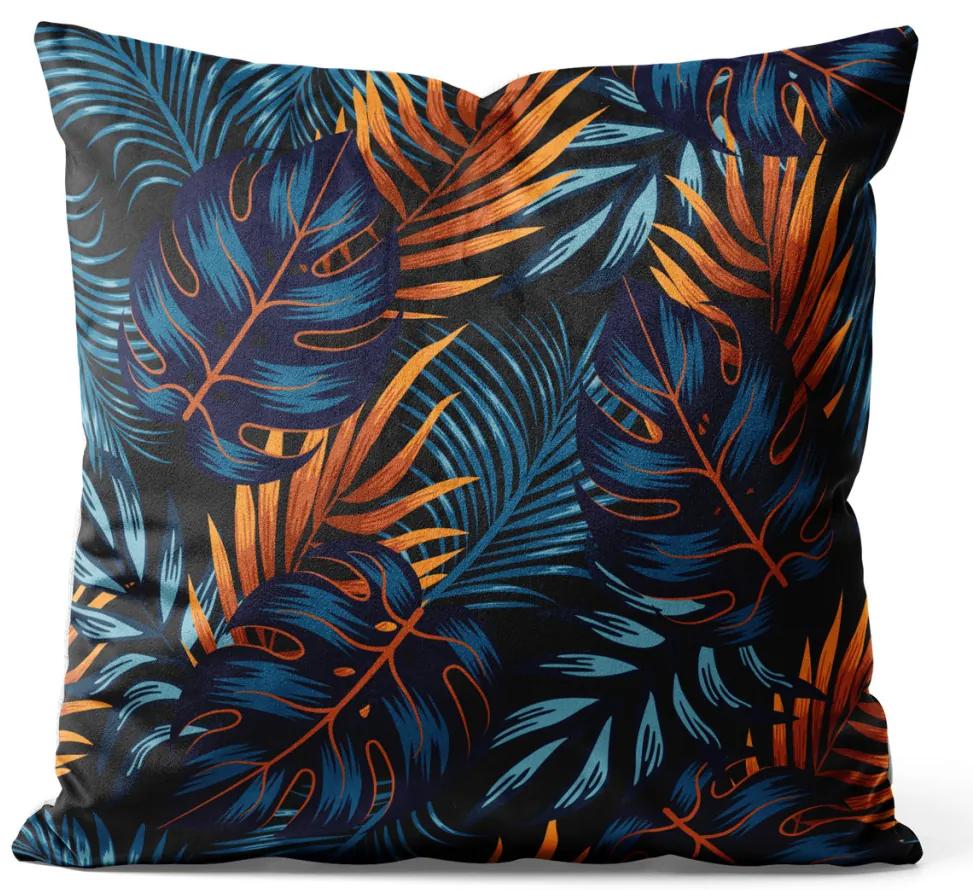 Dekorační velurový polštář Tajemné záhony - motiv listů v modré a oranžové barvě