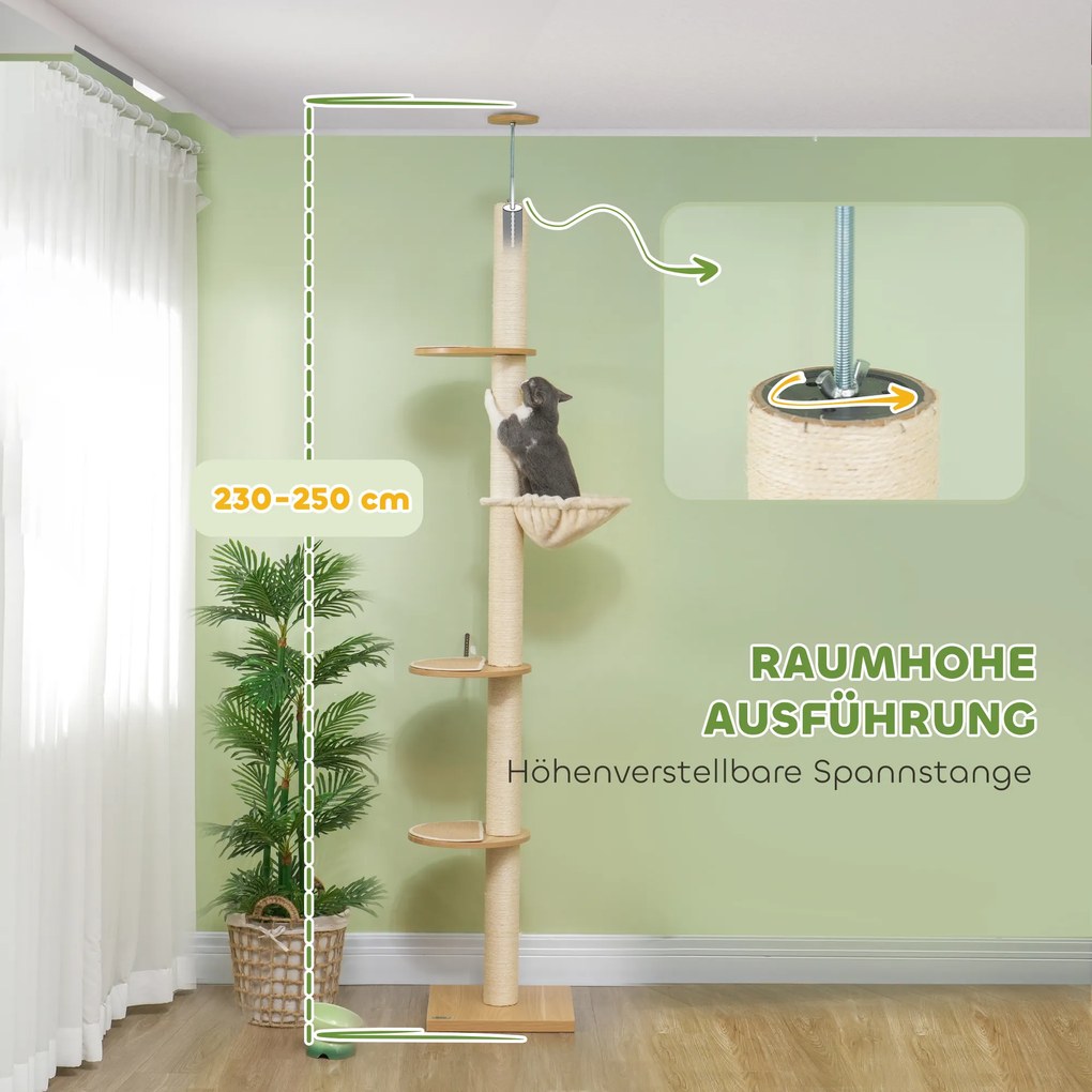 PawHut škrabadlo, kočičí škrabadlo vysoké, 230-250 cm, šplhací strom s houpací sítí, výškově nastavitelný kočičí strom, strom na hraní s ochranou pro…