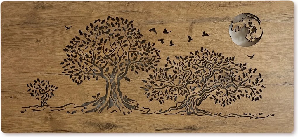 Li-Go "Tři duby a měsíc" světelný obraz s baterií 110x50cm varianta ovládání: manuál/pohybové čidlo, provedení povrchu: dub světlý