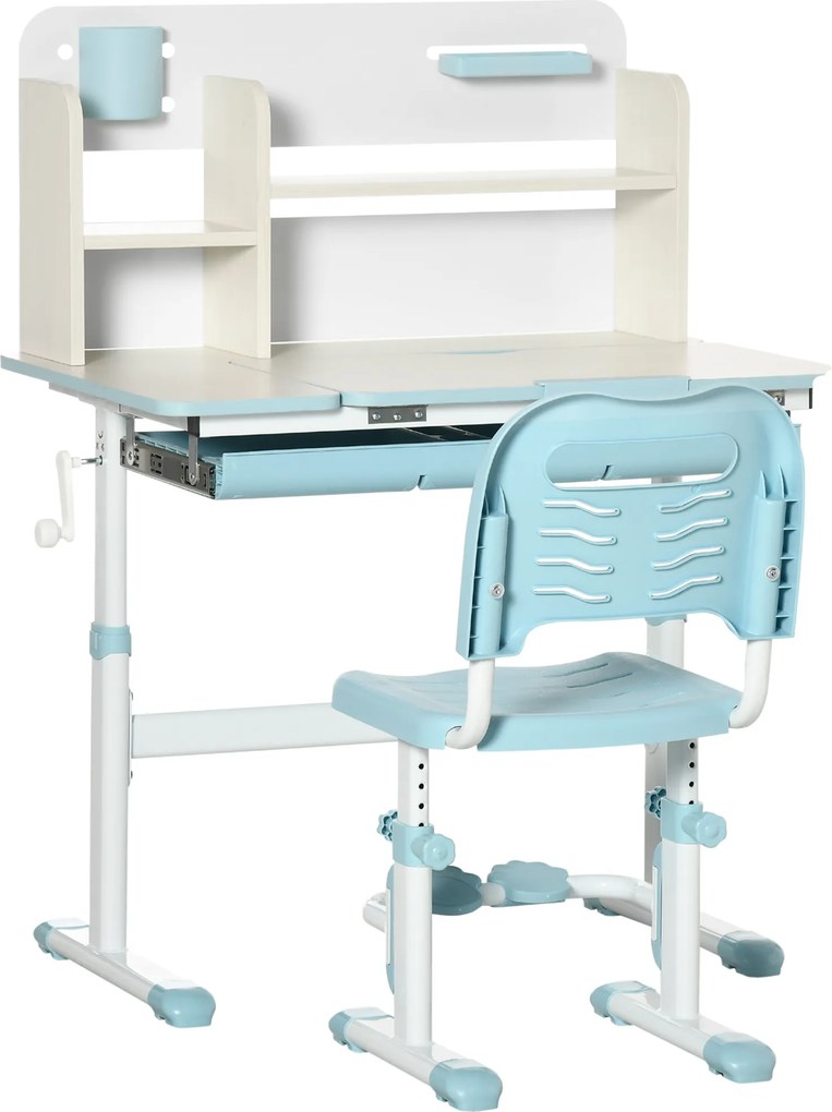 HOMCOM Dětský stůl a židlička pro děti od 3 let s nastavitelnou výškou, sklápěcí deskou, zásuvkou a policí 80x52x88-109 cm a 35,5x44,5x66-80 cm Modrá