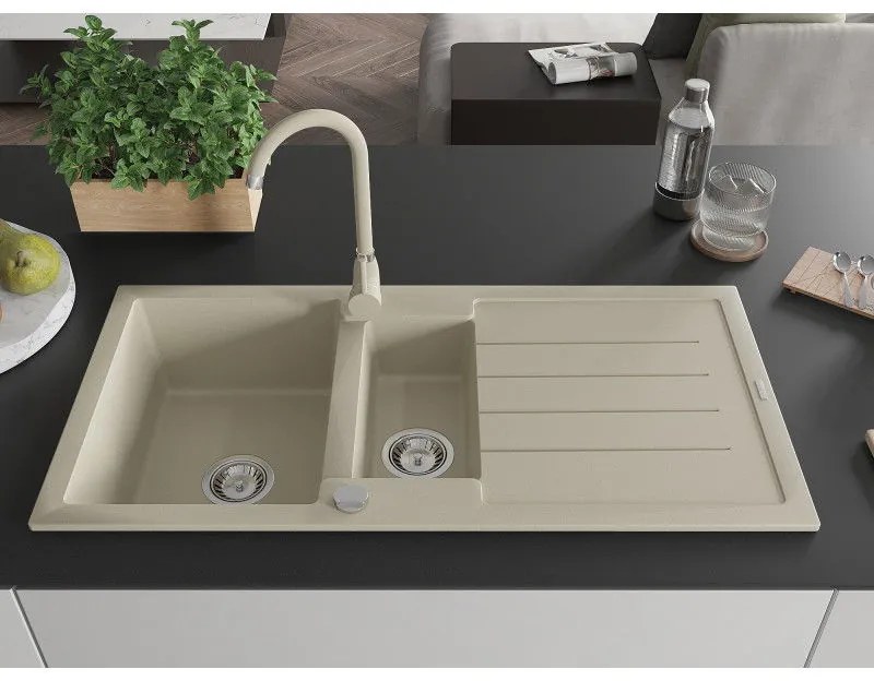Mexen Andres 1,5-komorový granitový kuchyňský dřez s odkapávačem 100x50 cm a kuchyňská baterie Telma, béžová, 6515-69-670200-69