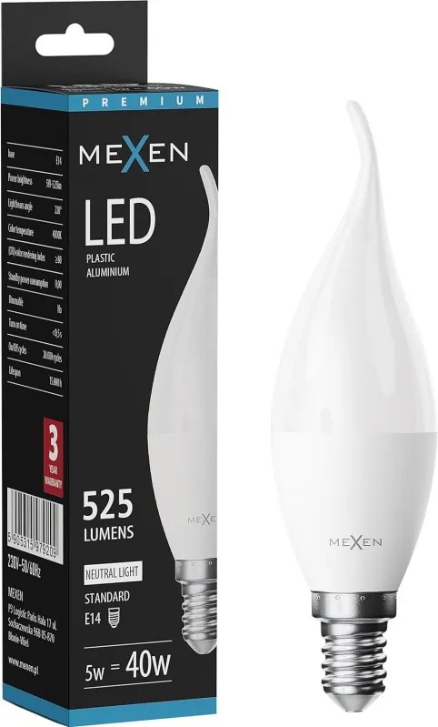 Mexen Nova, LED žárovka plamen E14, C37, 5W, Teplá - 3000K, 525 lm - L106-E14-0530-01