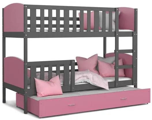 Dětská patrová postel TAMI 3 90x200 cm s šedou konstrukcí v růžové barvě s přistýlkou