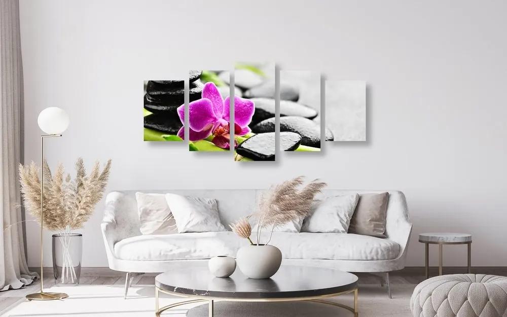 5-dílný obraz wellness zátiší s fialovou orchidejí - 100x50 cm