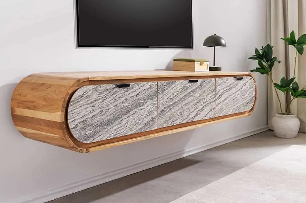 Designový závěsný TV stolek Callison 160 cm akácie / vzor kámen