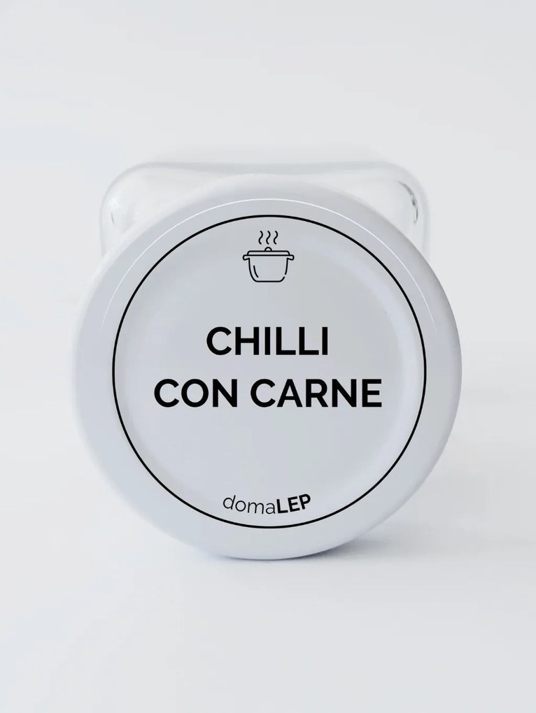Samolepka na kořenky CHILLI CON CARNE průhledná 5 cm tučné písmo