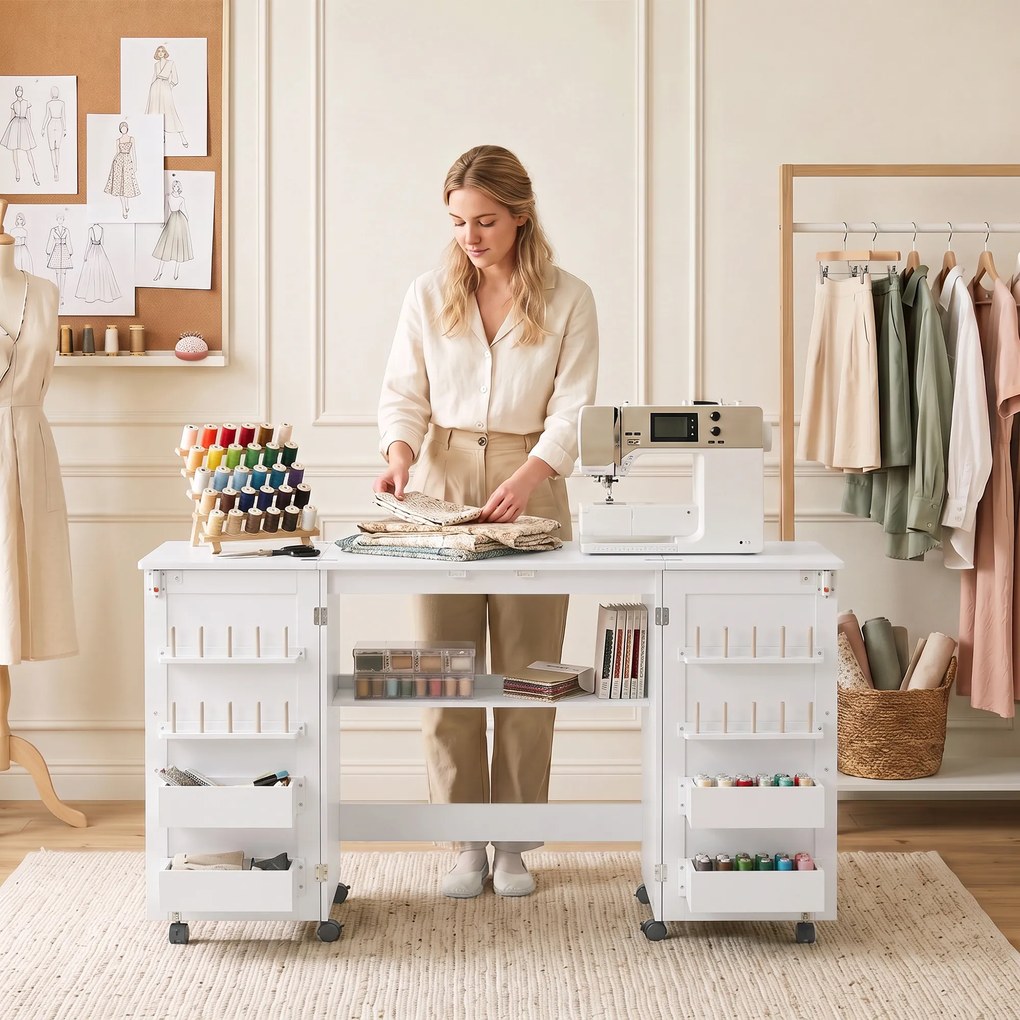 HOMCOM Skládací šicí stůl s 2 magnetickými dveřmi, pojízdný tvořivý stůl s 4 boxy, 20 držáků, úložný prostor, bílá