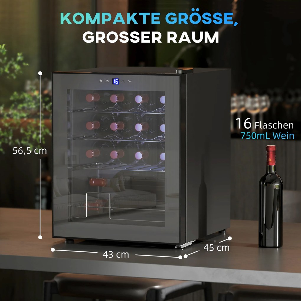 HOMCOM Volně stojící vinotéka, 16 lahví, pro domácí bar, obývací pokoj, kuchyň, dotykový displej, skleněné dveře, LED osvětlení