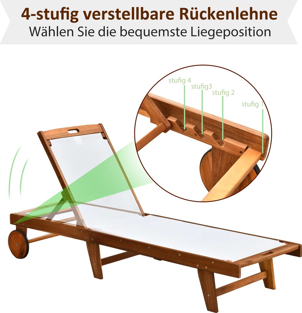 Outsunny Lehátko Relaxační lehátko Zahradní nábytek nastavitelný Akáciové dřevo Textil Přírodní+bílá 198 x 55 x 30-88,5 cm