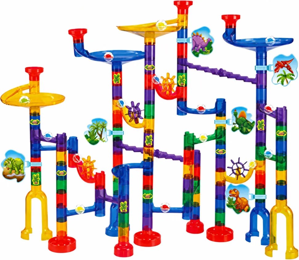 LEAN Toys Stavebnicová sada – kuličková dráha, barevné tunely, dinosauři, 192 dílů