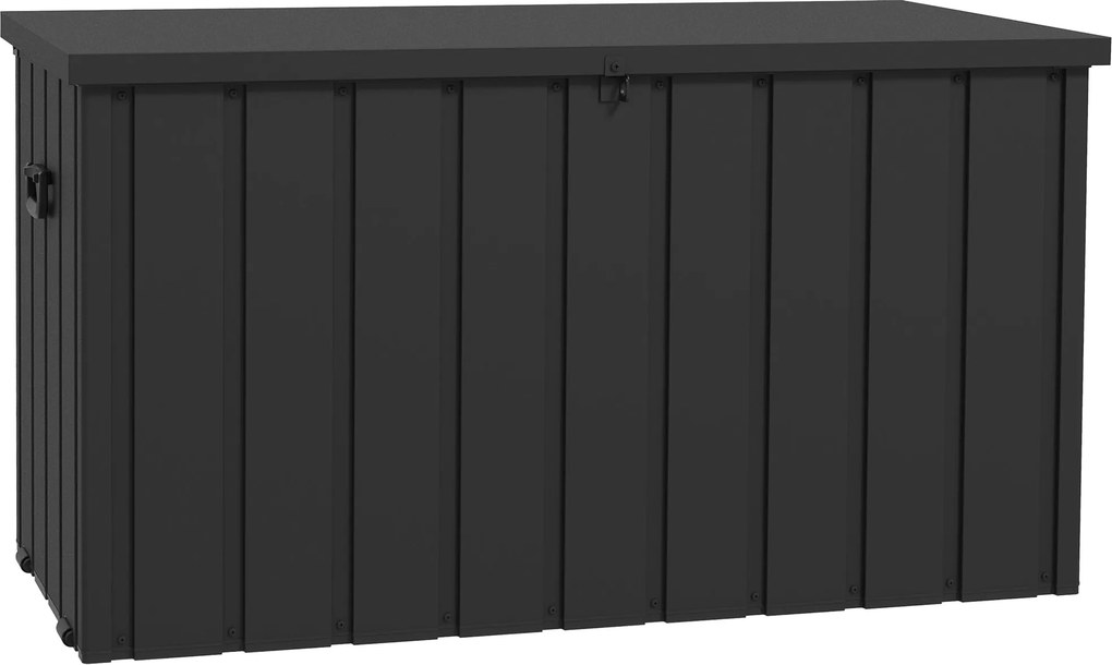 Zahradní úložný truhlicový box Outsunny, kapacita 450L, kov s plynovým pístem, kolečky a rukojetí - rozměry 125,5L x 61,5W x 70H cm