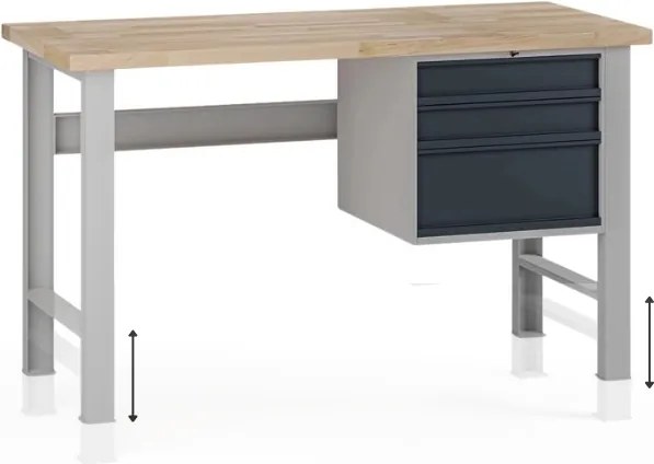 Výškově nastavitelný dílenský stůl G7, buková spárovka, 1500 x 800 x 840-1040 mm, 1x kontejner, 3 zásuvky, grafit