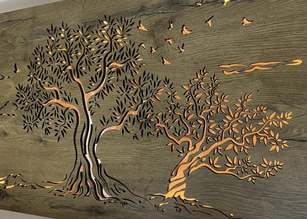 Li-Go "Tři olivy" světelný obraz s baterií 90x40cm varianta ovládání: manuál/pohybové čidlo, provedení povrchu: dub