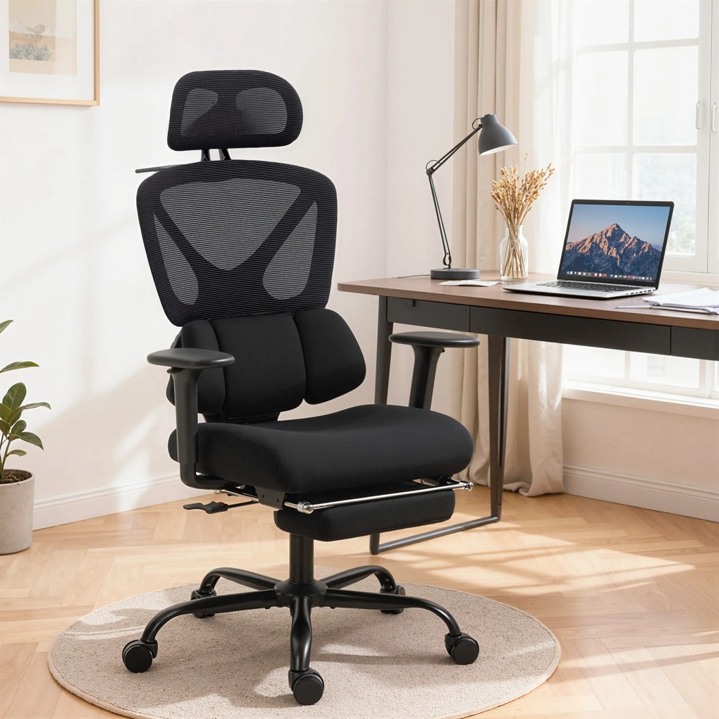 HOMCOM Ergonomická kancelářská židle s kolečky, síťovinou, bederní opěrkou, počítačová židle s područími, nastavitelnou opěrkou hlavy
