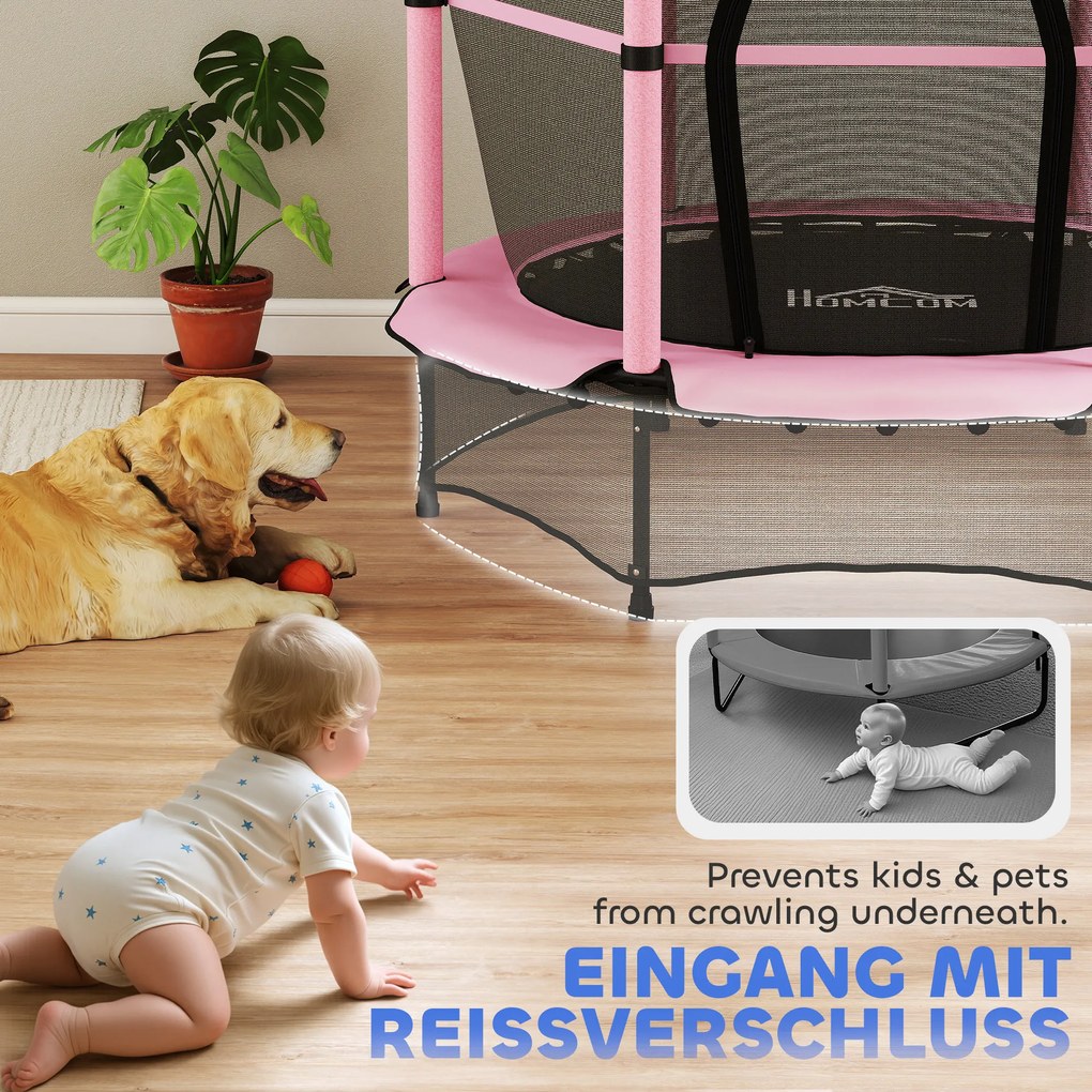 HOMCOM dětská trampolína Ø140 cm, trampolína s ochrannou sítí, kryt hran, zahradní trampolína pro děti 3-10 let, max. zatížení 50 kg, růžová barva