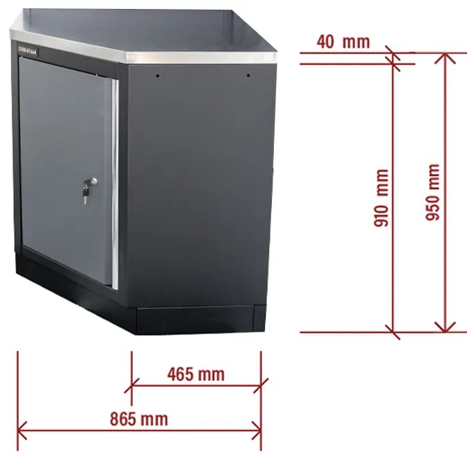 Rohová jednodveřová dílenská skříňka s nerezovou pracovní deskou | 1 police | 865x865x950 mm Matabro SET-CA01069