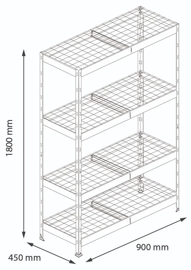 Bezšroubový kovový regál RIVET, 180x90x45 cm, 4x síťovou drátěnou police, zinek