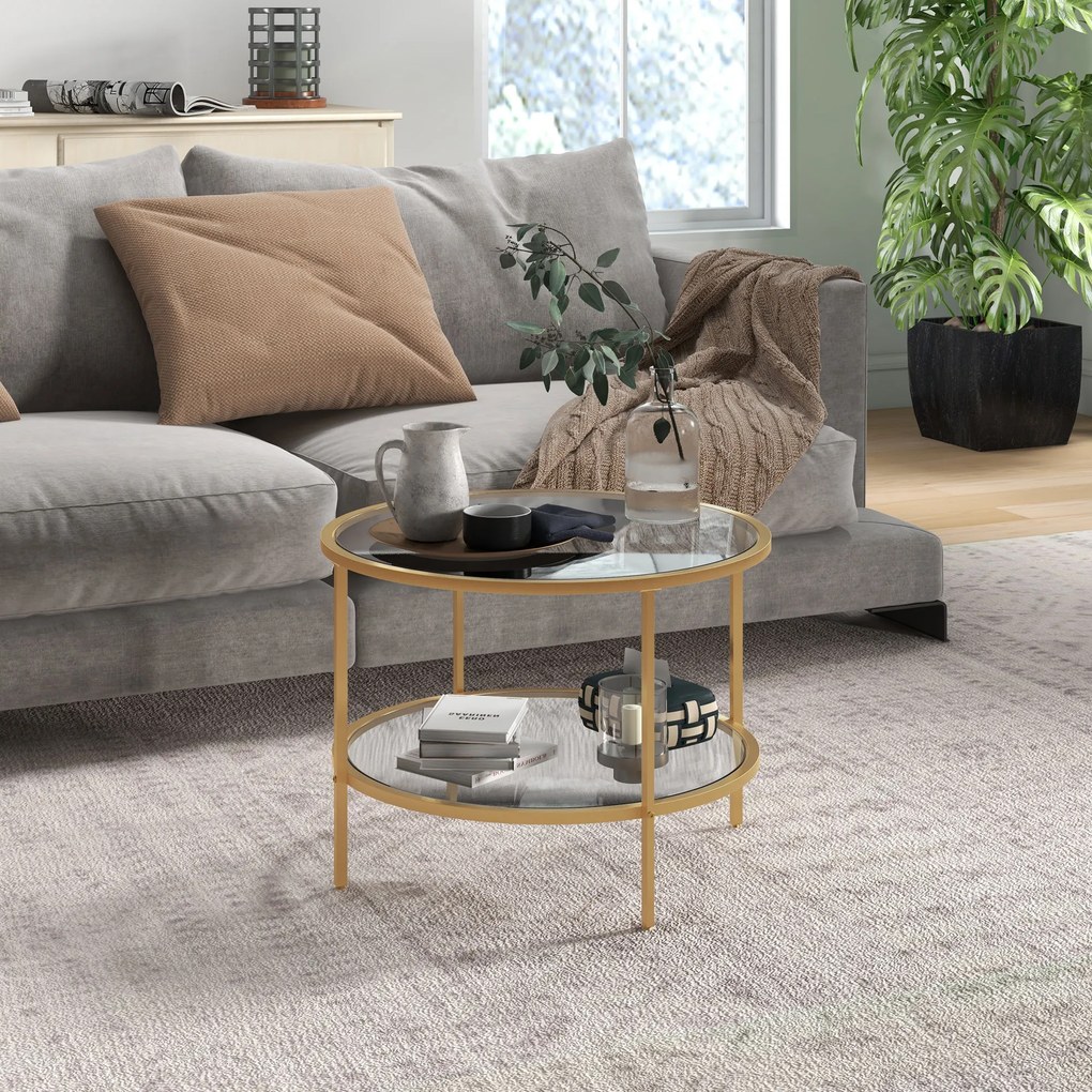 Kulatý konferenční stolek HOMCOM s policí Ø60 x 43 cm, ocelový rám, elegantní konferenční stolek do obývacího pokoje a ložnice ve zlaté barvě