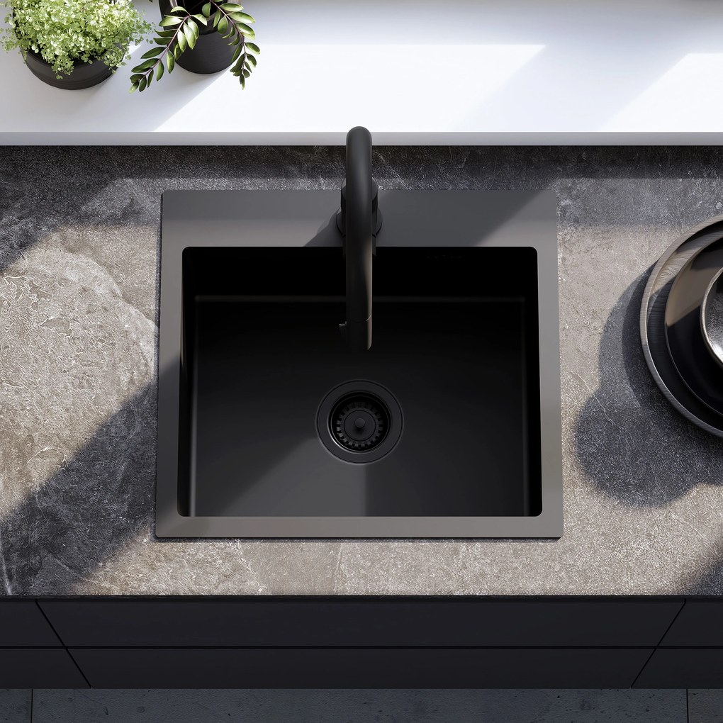 Rea Leo, 1-komorový ocelový dřez 500x450x185 mm, černá matná, ZLE-06005