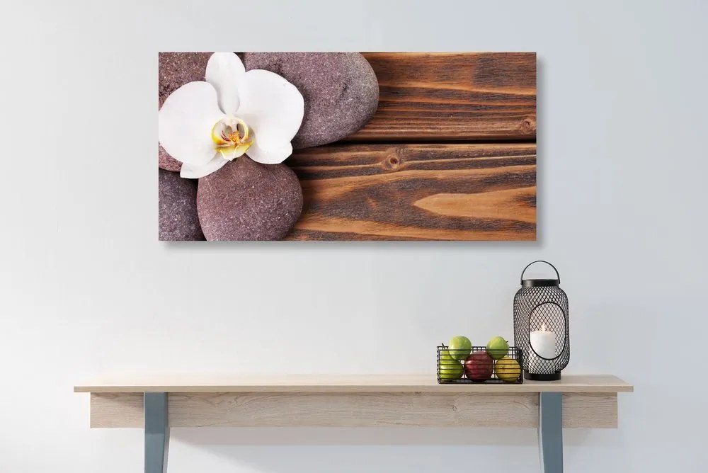 Obraz wellnes kameny a orchidej na dřevěném pozadí - 120x60 cm