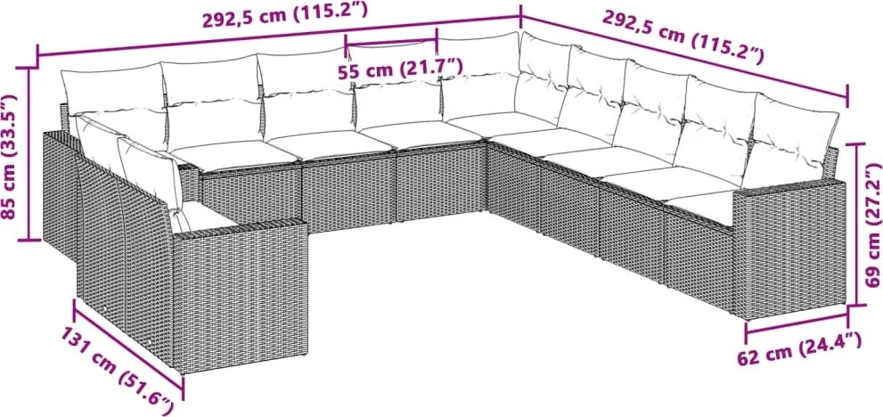 11dílná zahradní sedací souprava s poduškami šedá polyratan 3251529