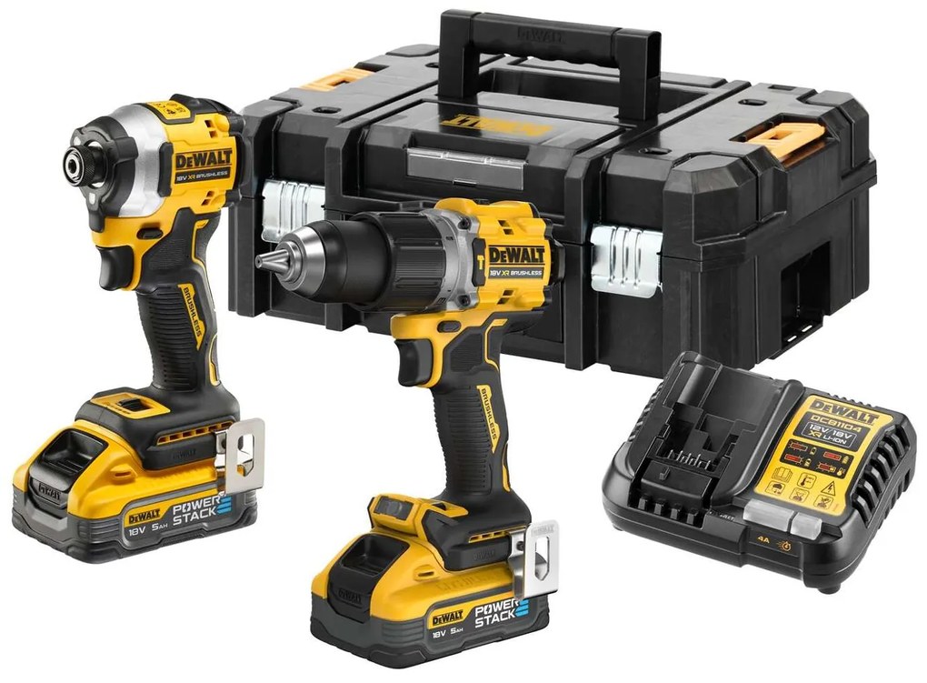 DeWALT Nářadí - 18V AKU sada příklepové vrtačky a rázového utahováku, 2x aku 5,0 Ah POWERSTACK, nabíječka DCK2050H2T