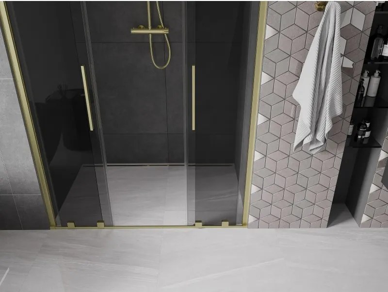 Mexen Velar L Duo, posuvné sprchové dveře do otvoru 160 cm, 8mm šedé sklo, zlatá matná, 871-160-003-42-55