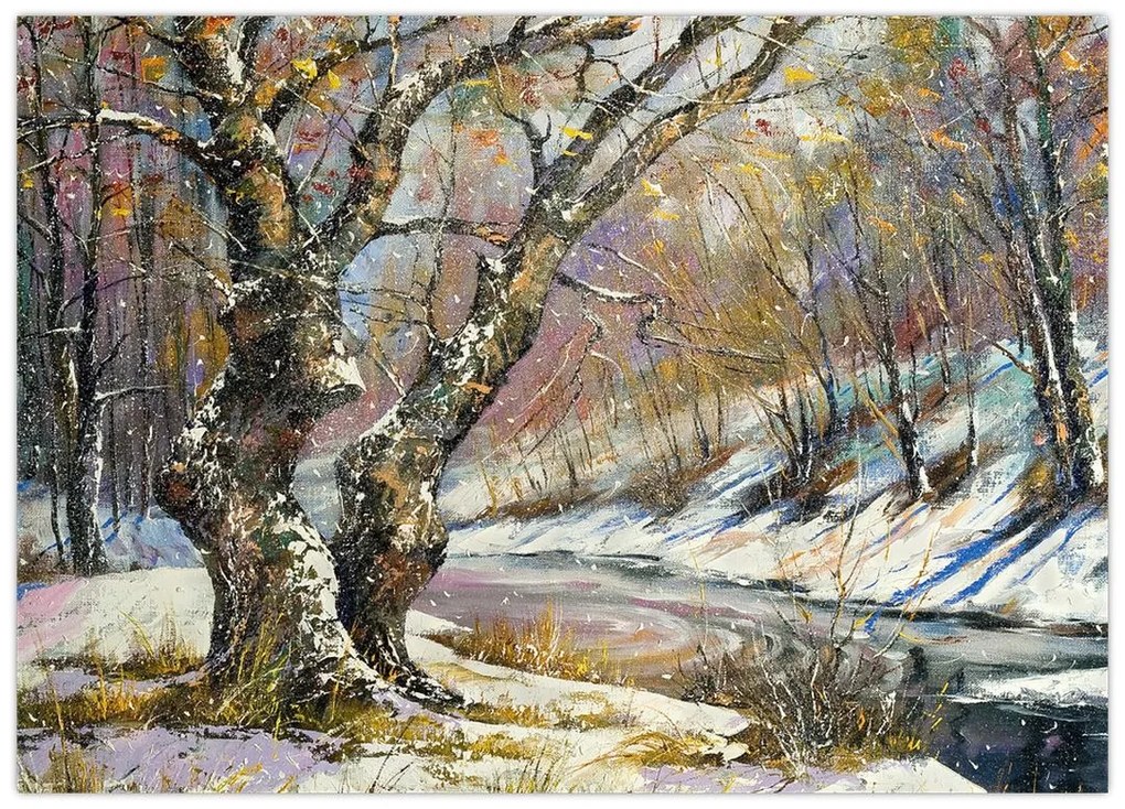 Skleněný obraz malované zimní krajiny (70x50 cm)