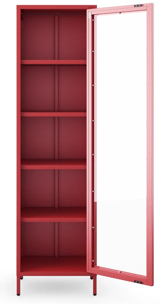 Úzká prosklená vitrína na nožkách do obývacího pokoje, červená, 500x1800x350 mm: LUIGI Modern
